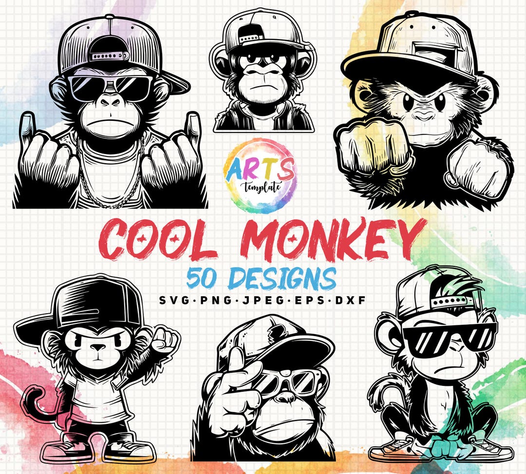Cool Monkey Art Template Svg Png Jpg Dxf Bundle Silhouette Clipart ...