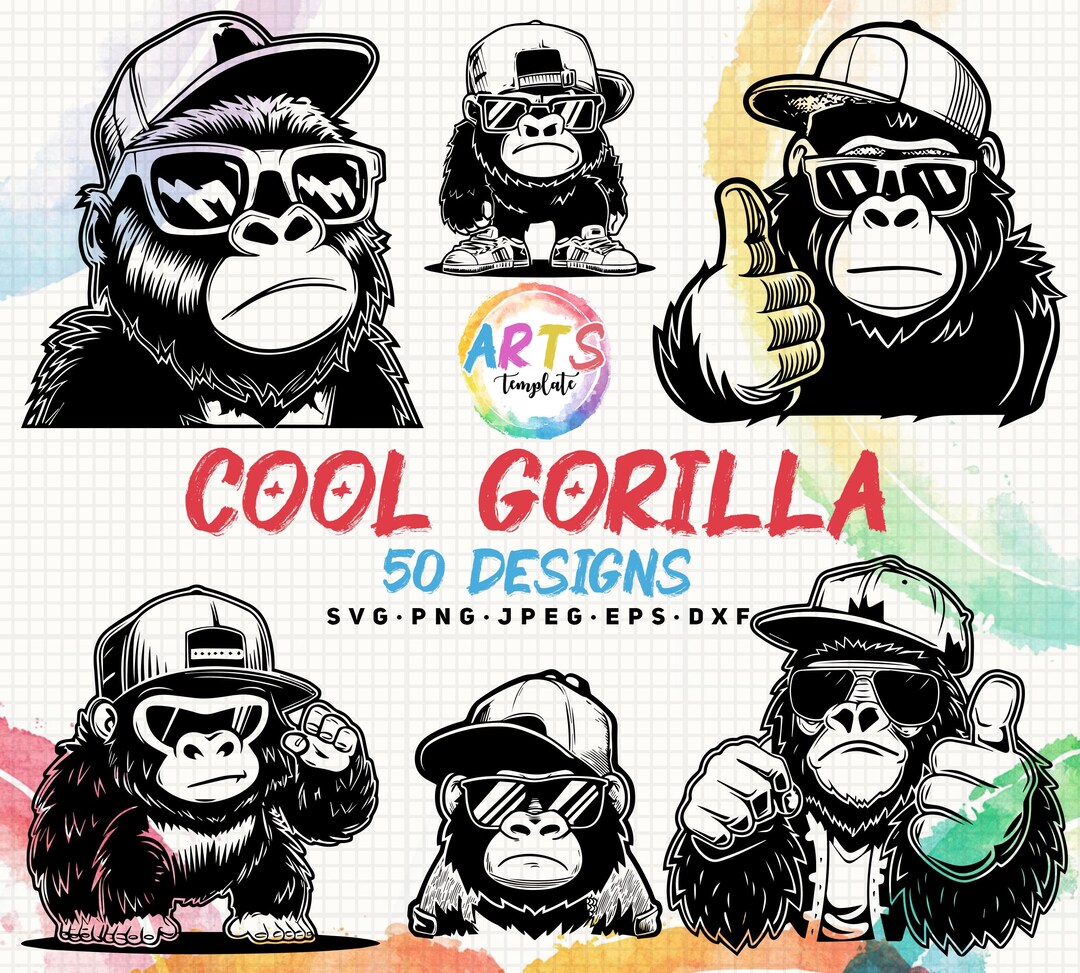 Cool Gorilla Art Template Svg Png Jpg Dxf Bundle Silhouette Clipart ...