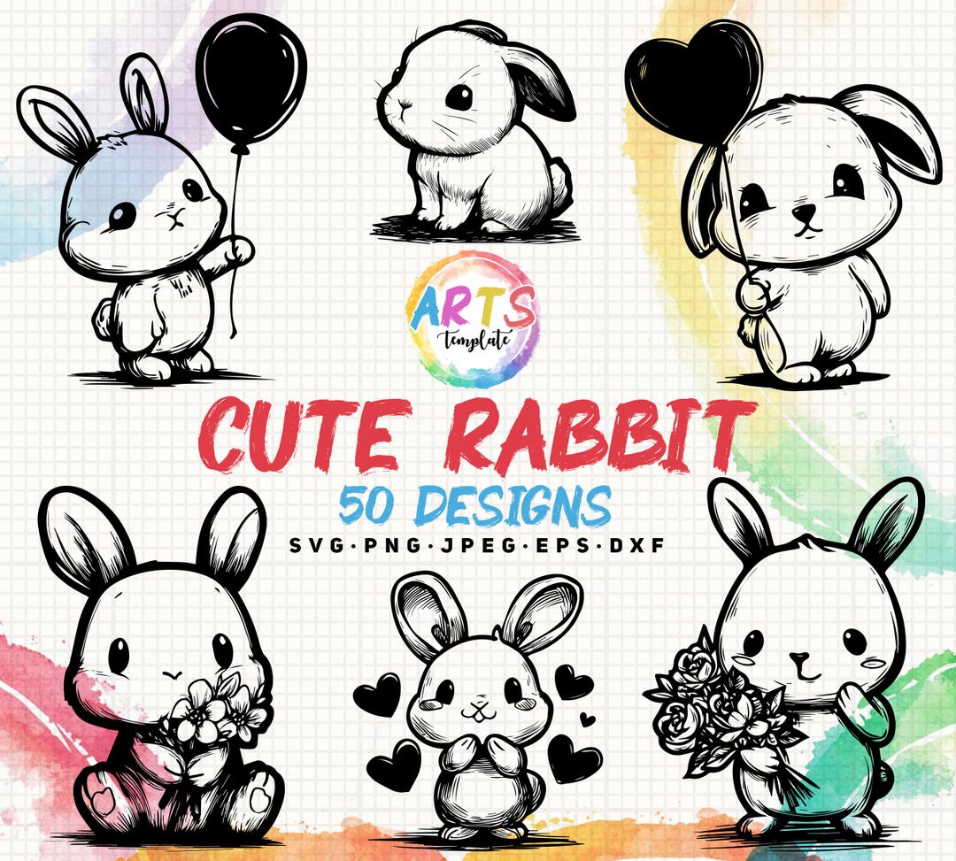 Cute Rabbit Art Template Svg Png Jpeg Dxf Bundle Silhouette Clipart ...