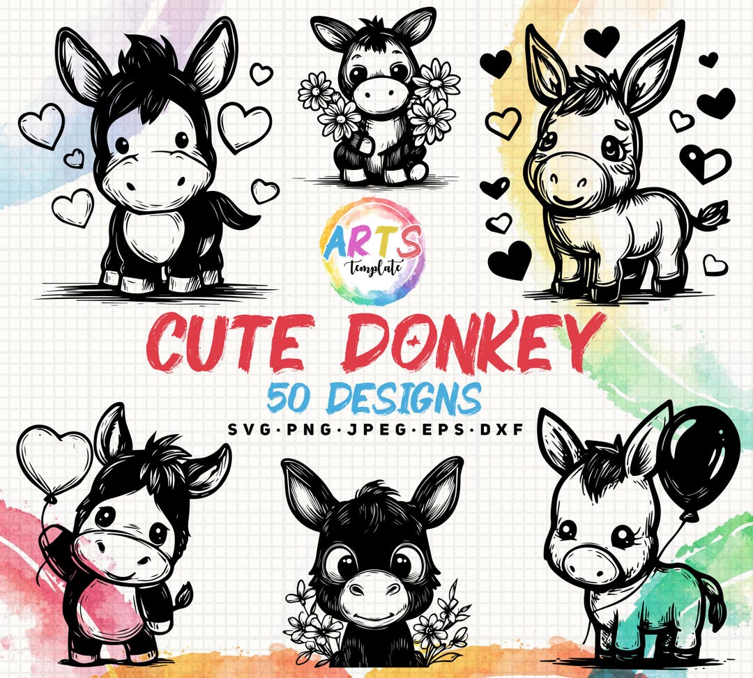 Cute Donkey Art Template Svg Png Jpg Dxf Bundle Silhouette Clipart ...