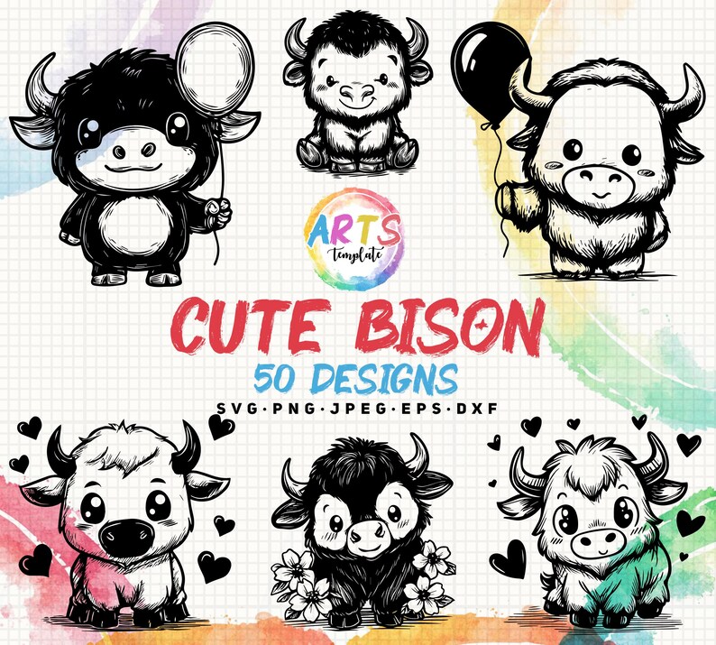 Cute Bison Art Template Svg Png Jpeg Eps Dxf Bundle Silhouette Clipart ...