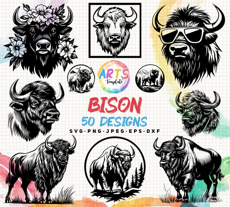 Bison Vector Art Bundle, Silhouette Clipart (svg, Png, Jpg, Eps, Dxf ...