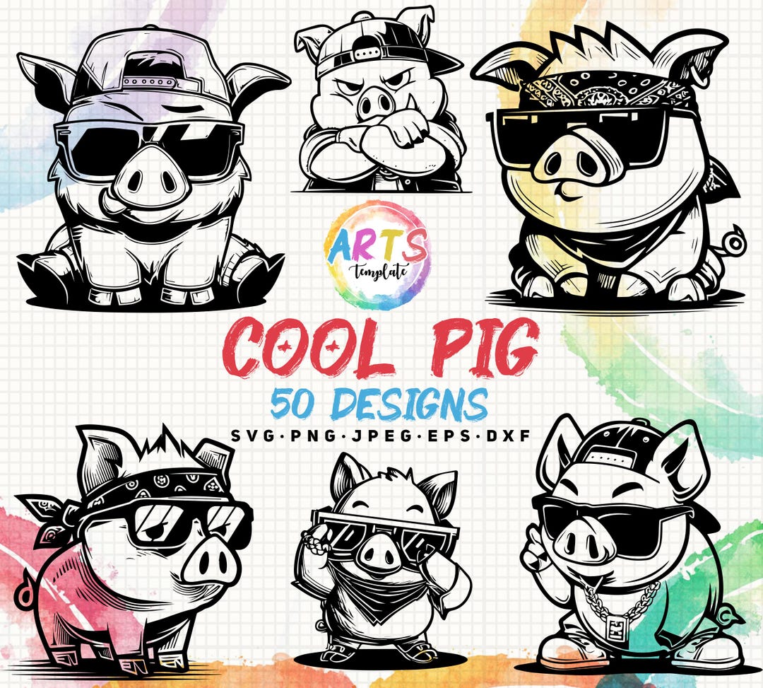 Cool Pig Art Template Svg Png Jpg Dxf Bundle Silhouette Clipart Cricut ...