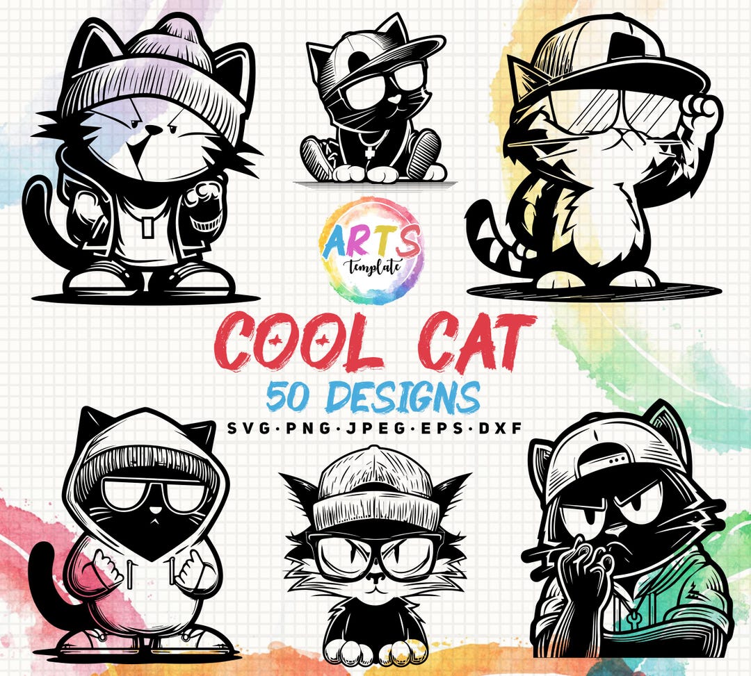 Cool Cat Art Template Svg Png Jpg Dxf Bundle Silhouette Clipart Cricut ...