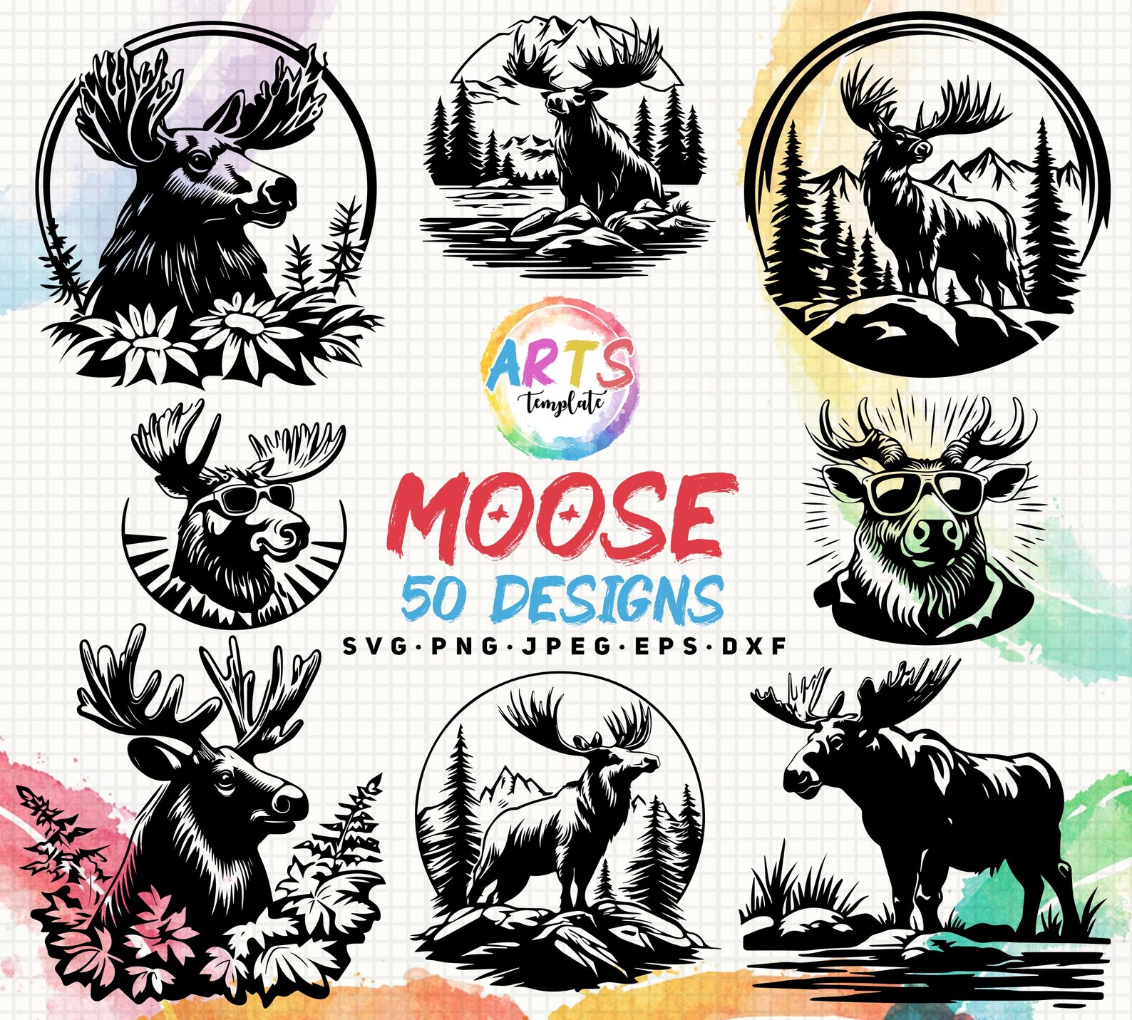 Moose Vector Art Bundle, Cowboy, Flower, Animal Clipart (svg, Png, Jpg ...