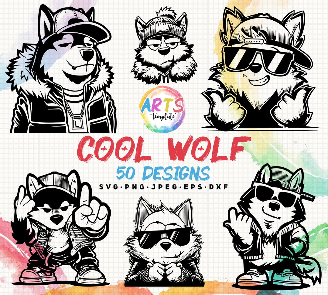 Cool Wolf Art Template Svg Png Jpg Dxf Bundle Silhouette Clipart Cricut ...