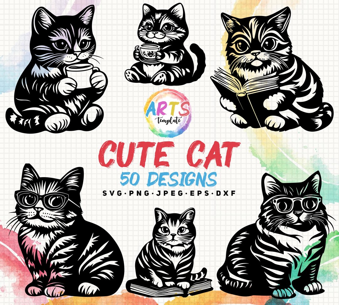 Cute Cat Bundle Art Template Svg Png Jpeg Eps Dxf Bundle Silhouette ...