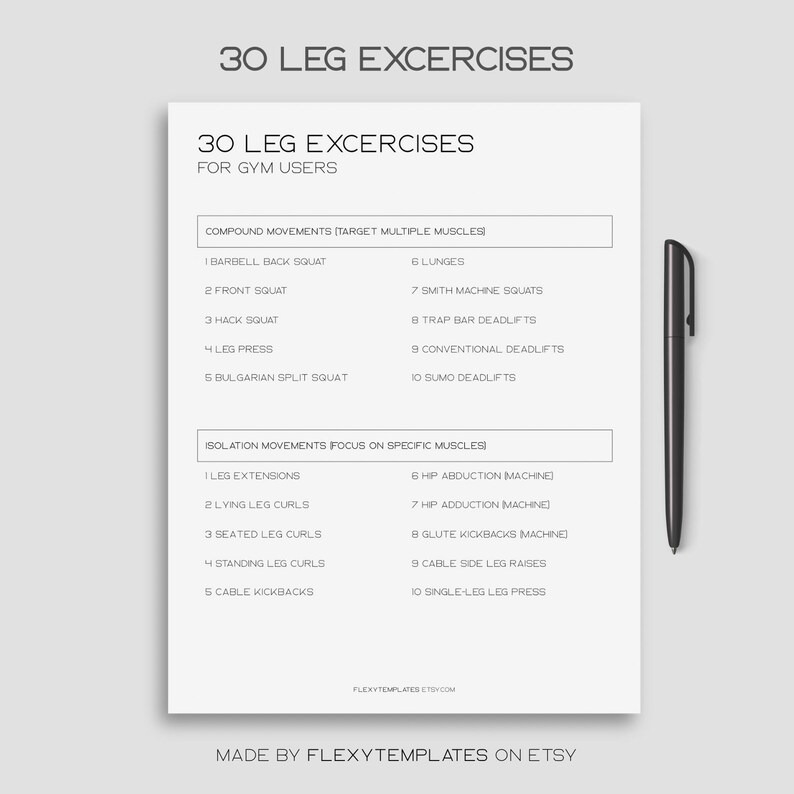 Leg Day Gym Templates | Workout Plan + 30 Leg Exercises PDF | Printable ...