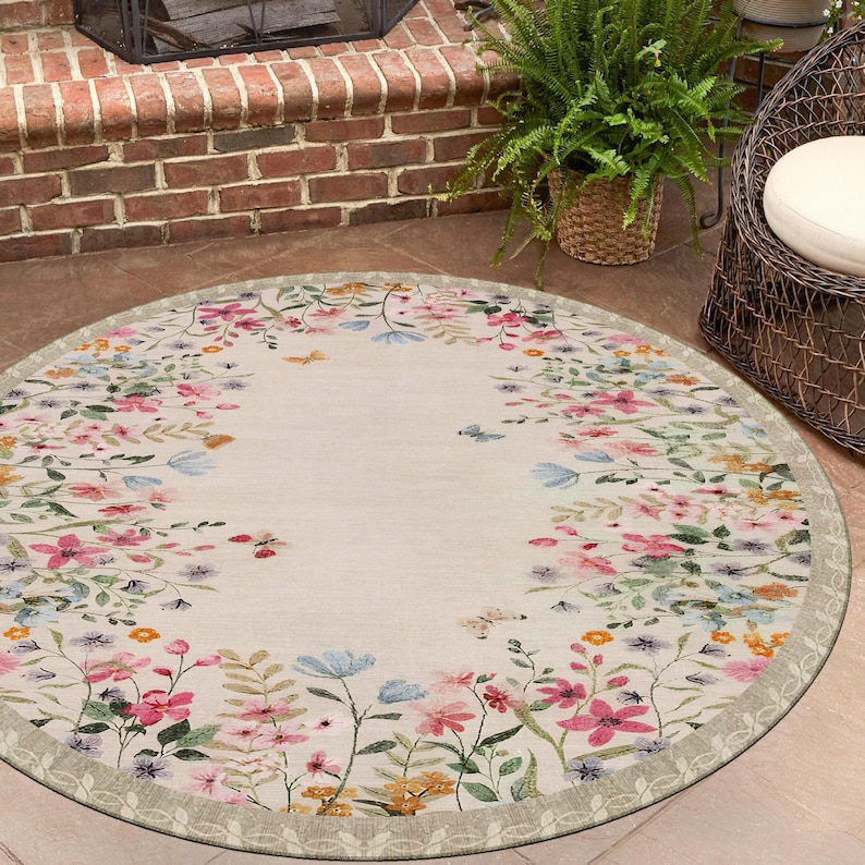 Boho Chic Elegance Floral Round Rug, Turkish Modern Unique Round Rug ...