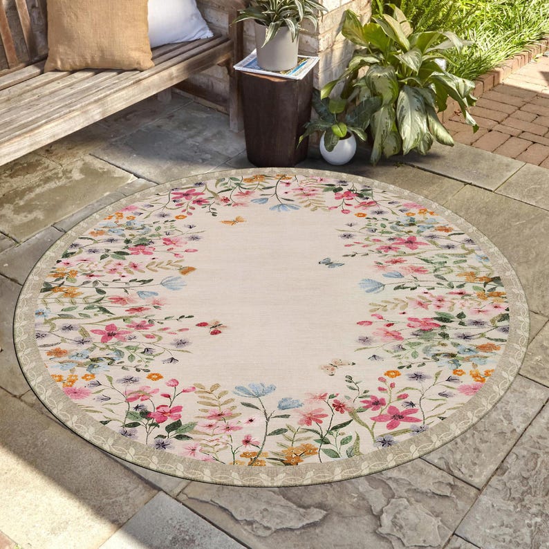 Boho Chic Elegance Floral Round Rug, Turkish Modern Unique Round Rug ...