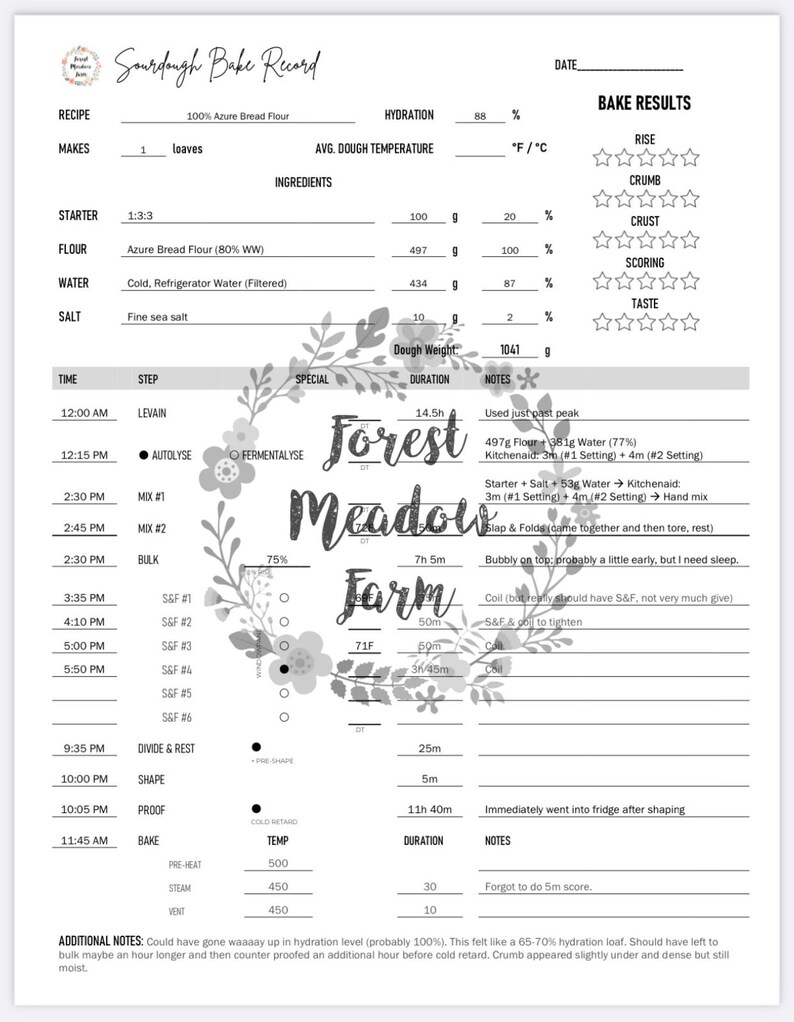 Sourdough Bake Record V.2 - Temperature Log - Ingredient List - Bake ...