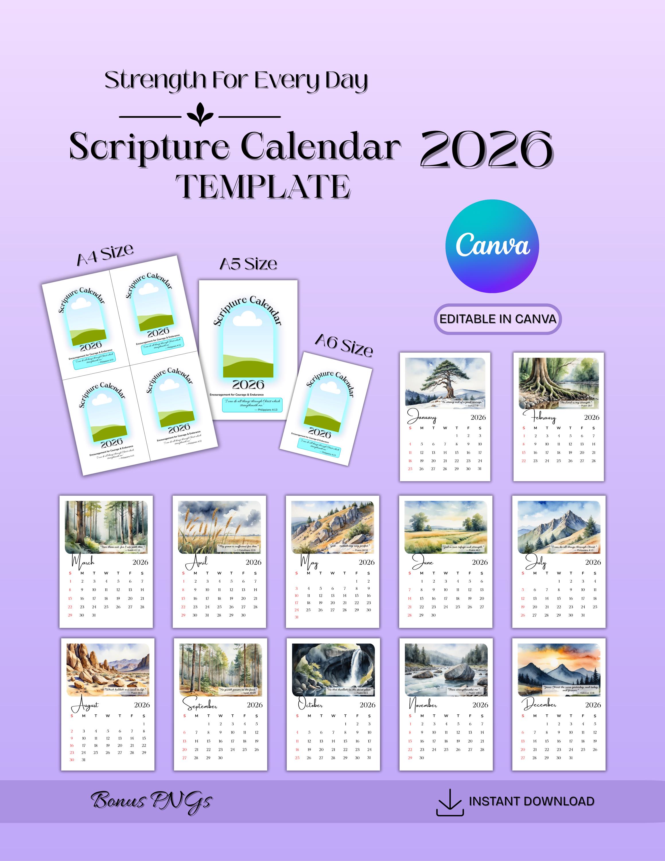 2026 Schrift Kalender Vorlage, Canva Bearbeitbarer Christlicher ...