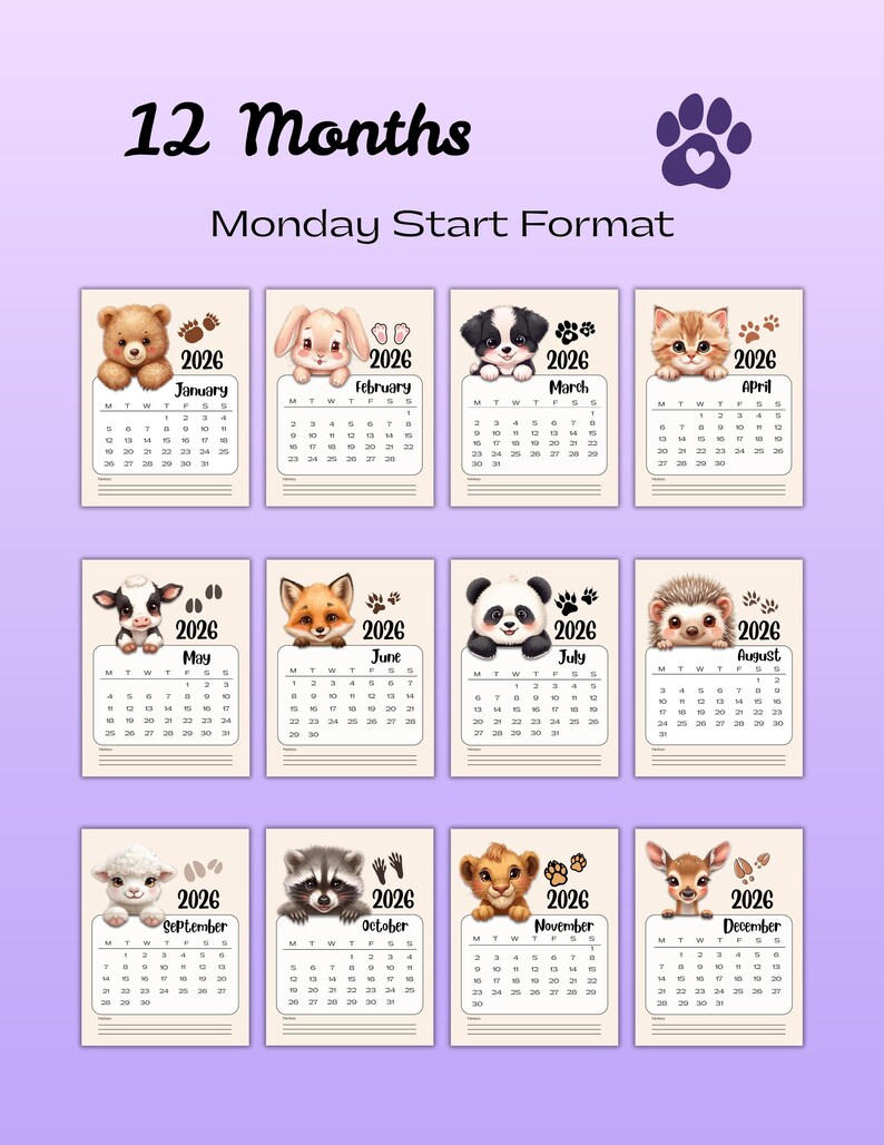 2026 Animal Calendar Printable, Instant Download PDF & PNG - Etsy