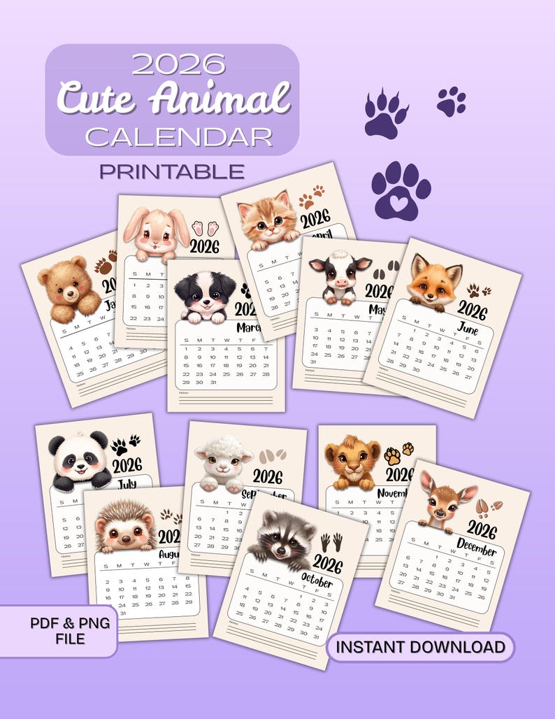 2026 Animal Calendar Printable, Instant Download PDF & PNG - Etsy