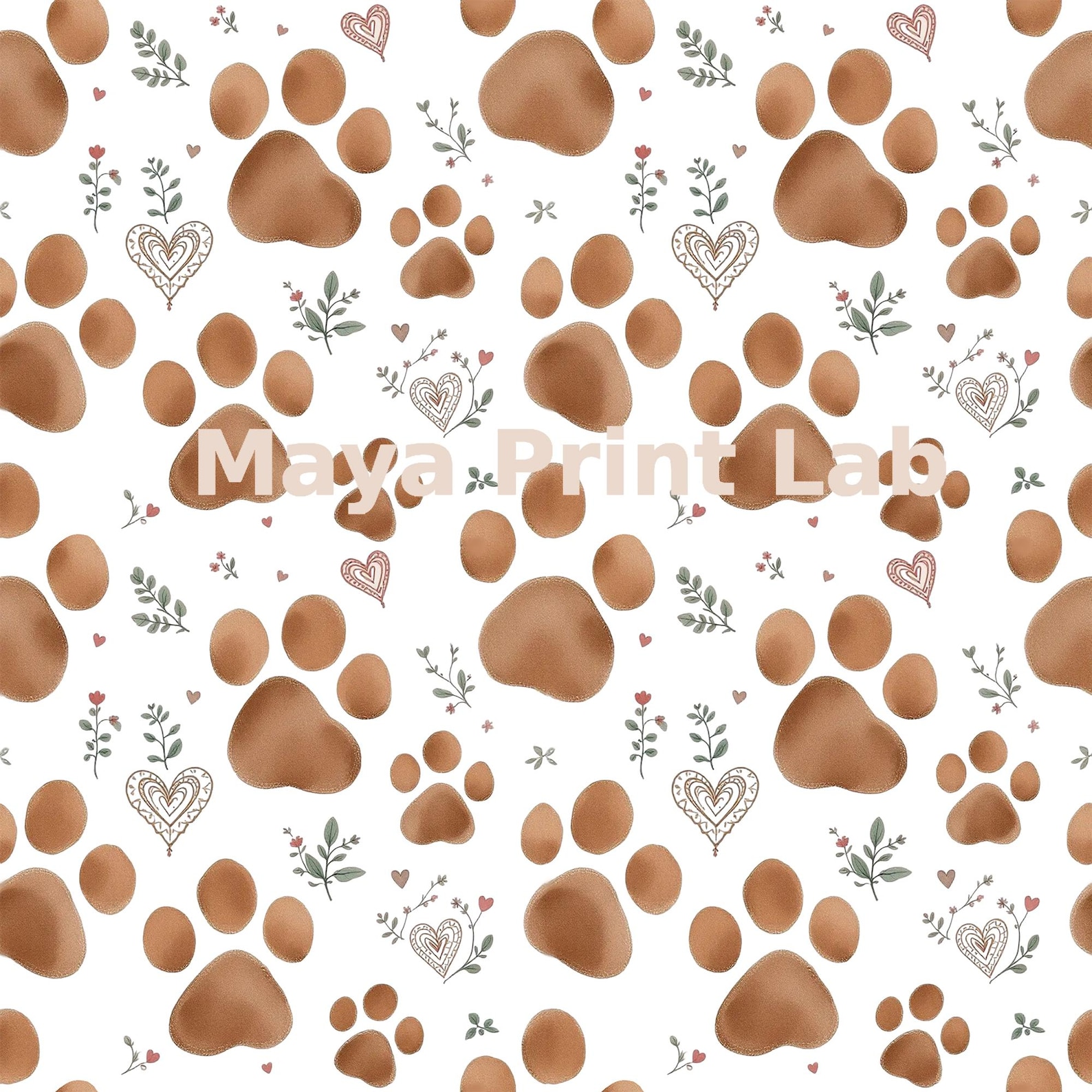Paw Print Seamless Pattern: Dog Footprints, Hearts & Flowers (4000x4000 ...