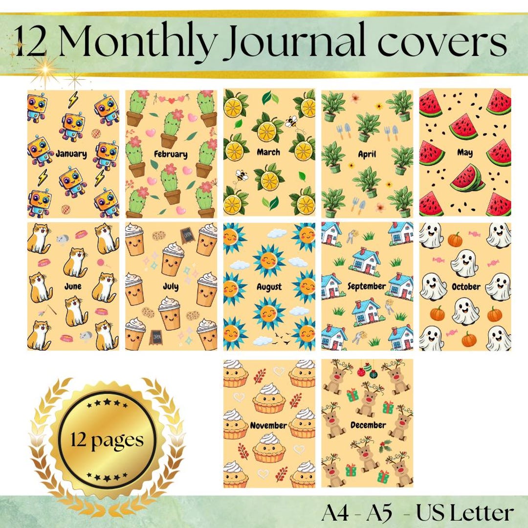 12 Monthly Journal Pages, Digital PDF and Printable, A4 A5 and US ...