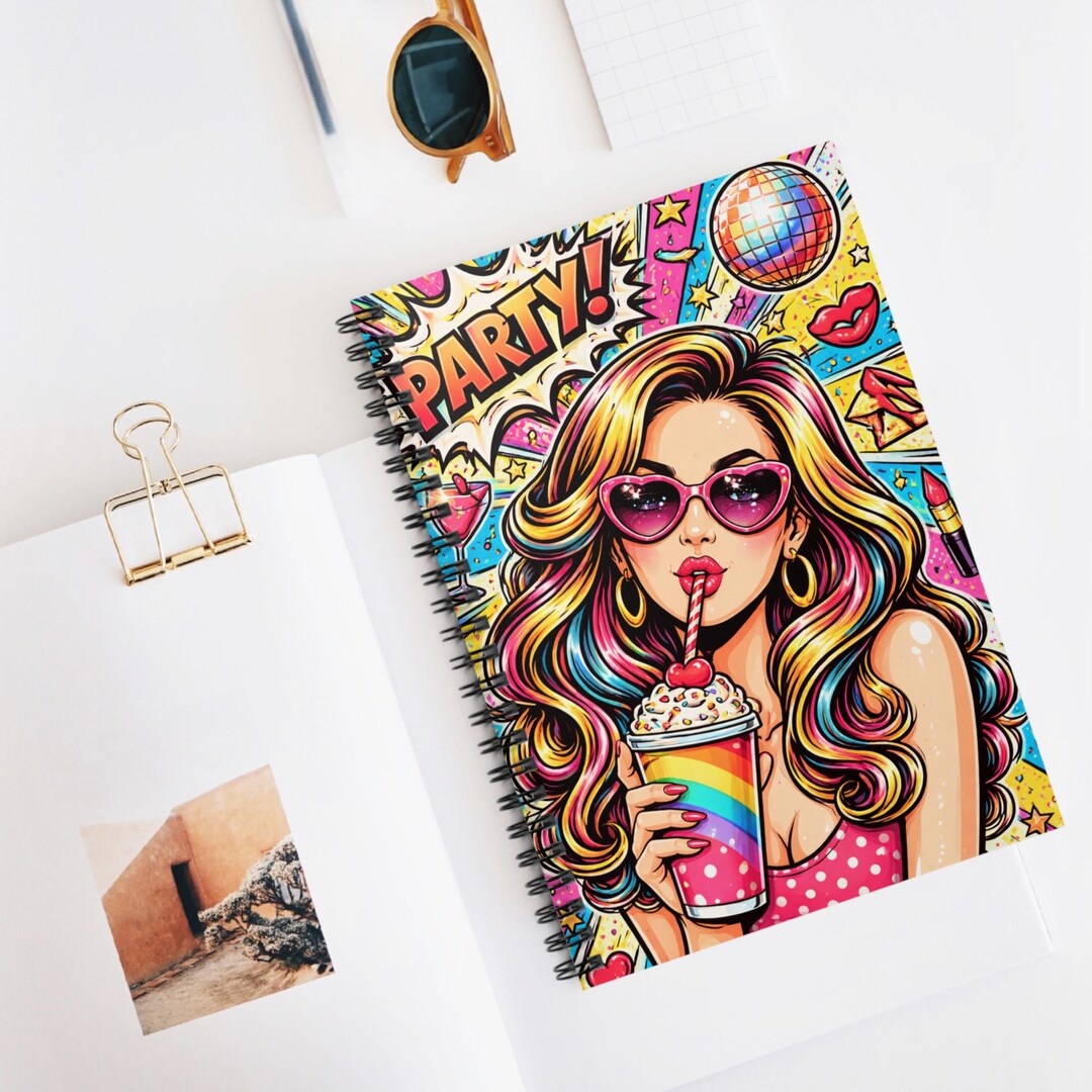 Pop Art Party Girl Spiral Notebook | Rainbow Soda Doodle Ruled Journal ...