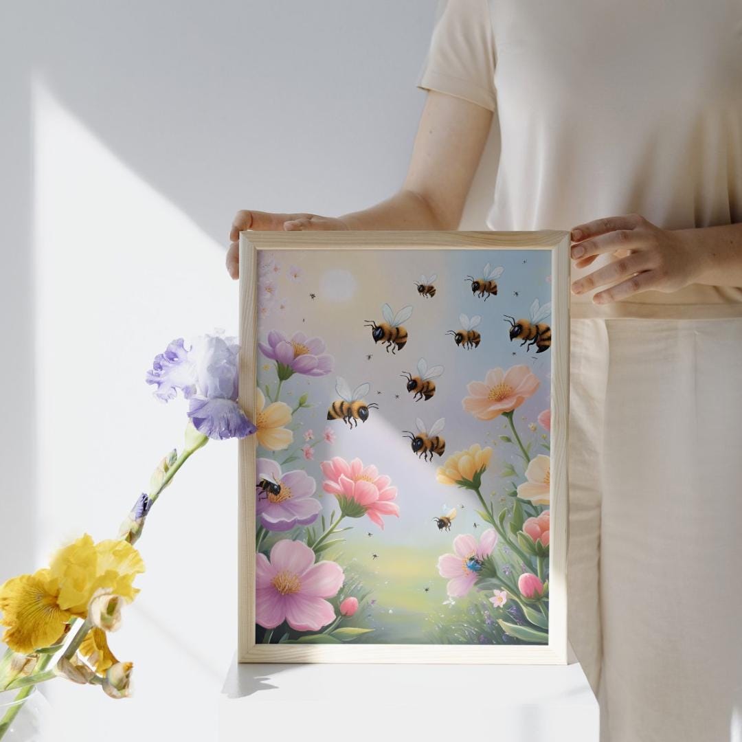 Whimsical Bees and Flowers Digital Print, Nature Wall Art, Cute ...
