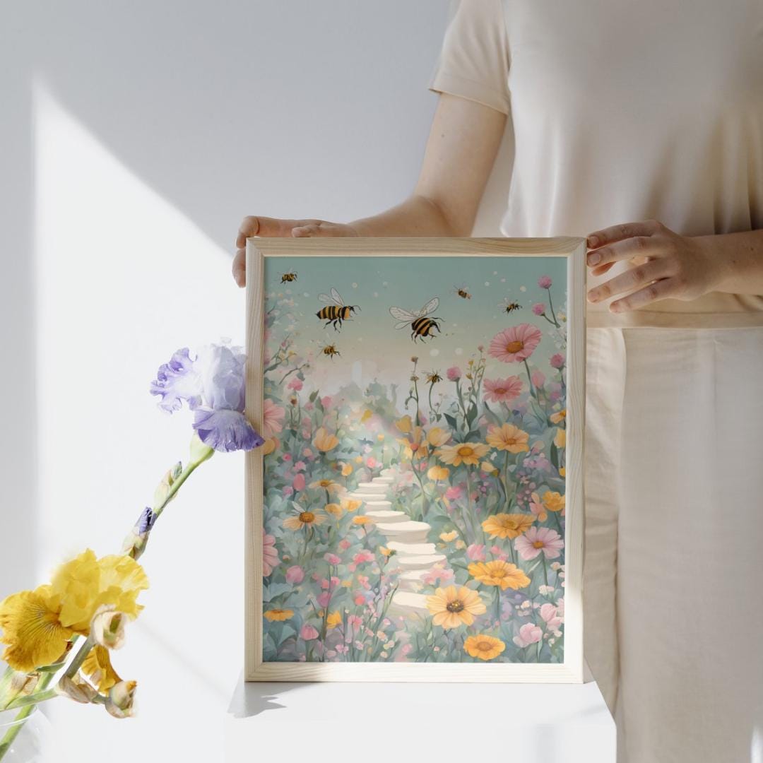 Bee Wildflower Digital Print - Cottagecore Nature Wall Art, Floral ...