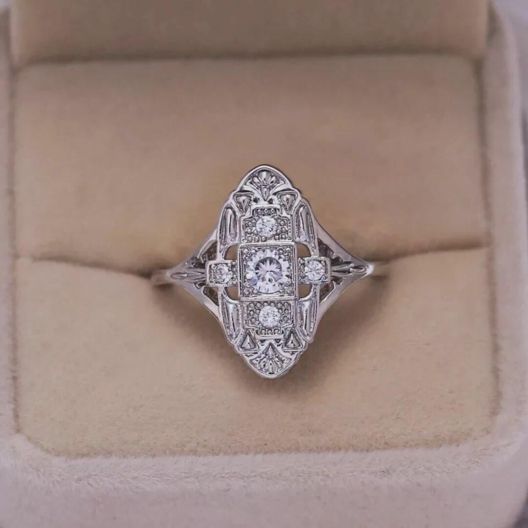 Art Deco Style Round Cut Lab Created Diamond Ring, Engagement Ring, 14K ...