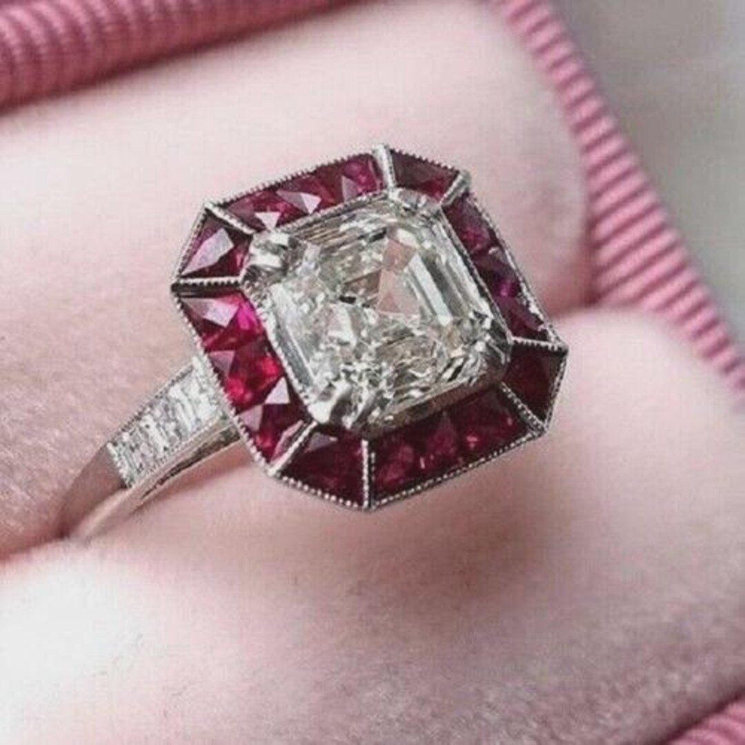 Art Deco Style Asscher Cut Lab Created Diamond & Ruby Ring, Ruby Halo ...