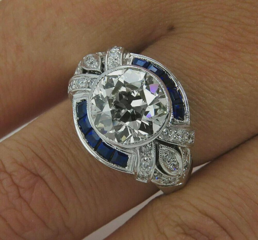 Art Deco Style Ring, Round Cut Lab Created Diamond & Sapphire Ring, 14K ...