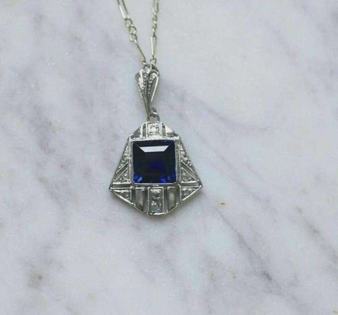 Art Deco Style Princess Cut Sapphire & Lab Created Diamond Pendant ...