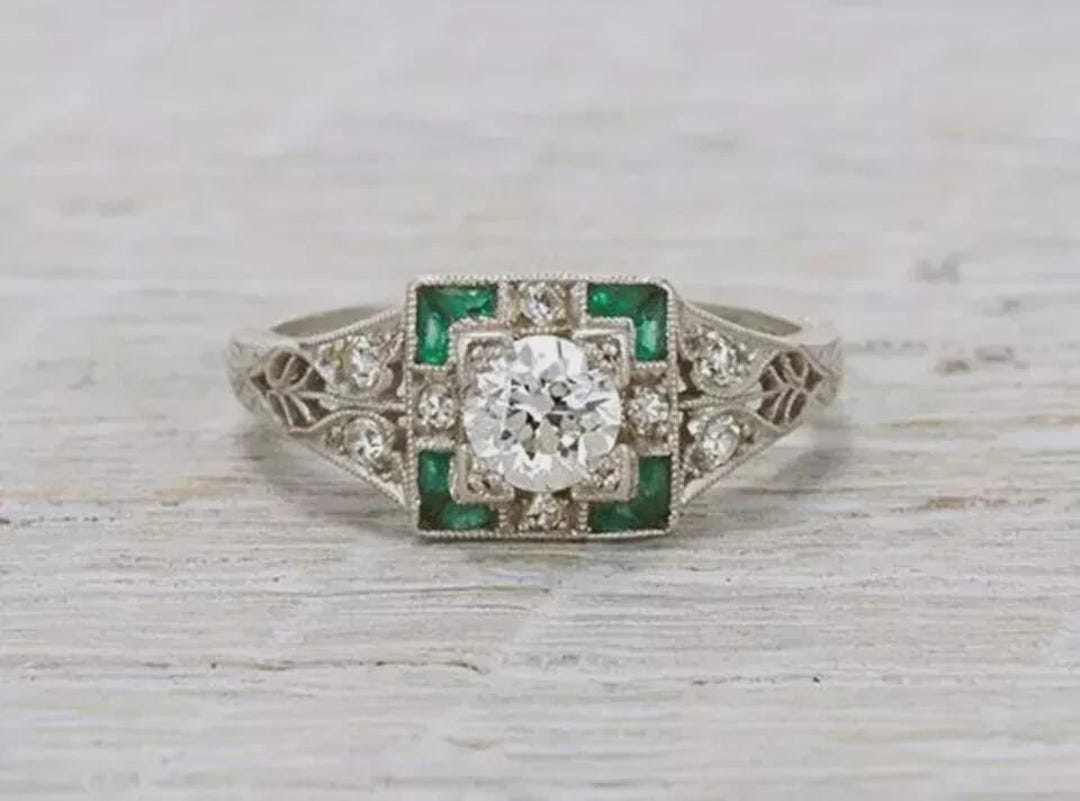 Art Deco Style Ring, Round Cut Lab Created Diamond & Emerald Ring ...