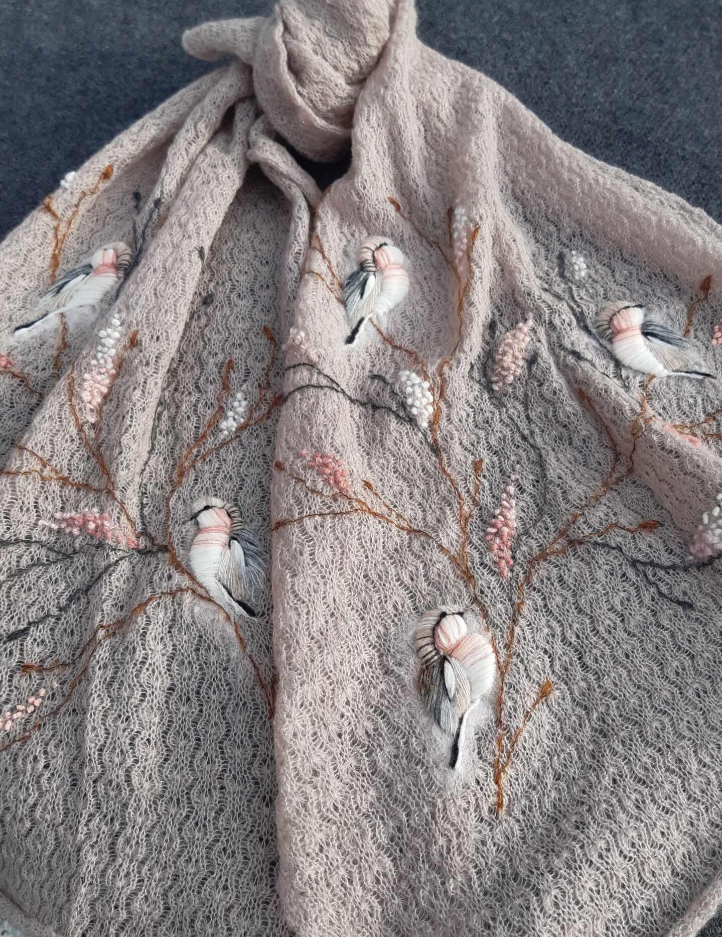 Knitted Mohair Scarf With Embroidery Bird and Scottish Heather,soft and ...