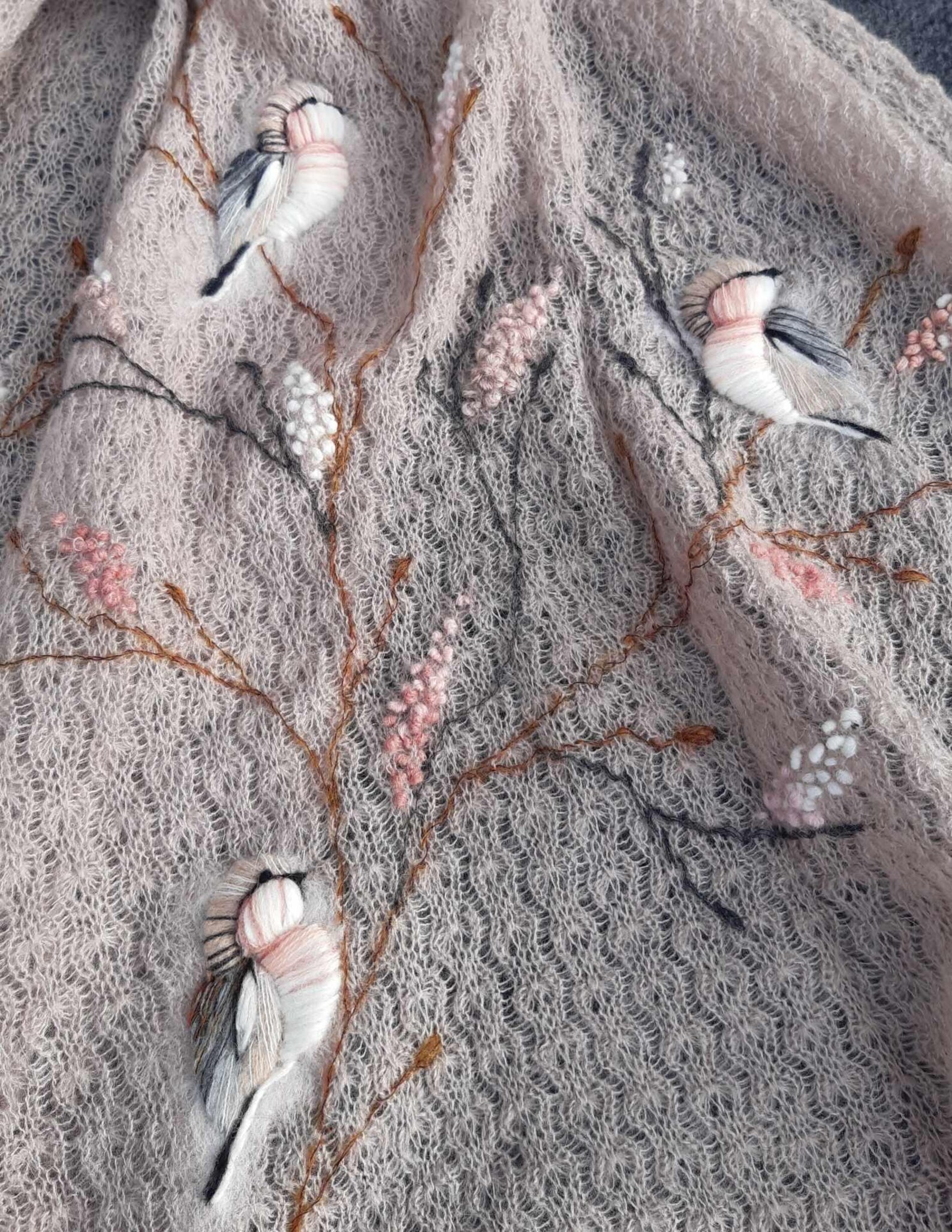 Knitted Mohair Scarf With Embroidery Bird and Scottish Heather,soft and ...