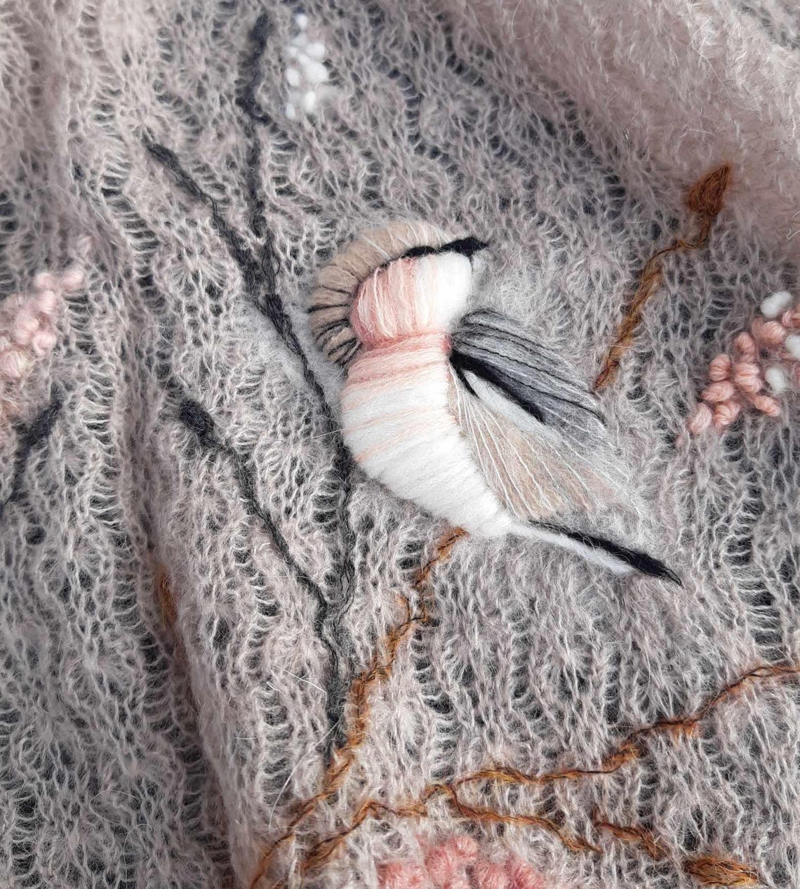 Knitted Mohair Scarf With Embroidery Bird and Scottish Heather,soft and ...