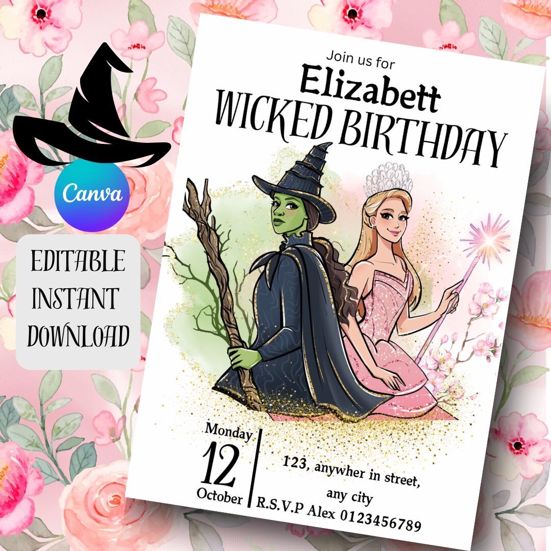 Wicked Birthday Party Invitation, Glinda Elphaba Birthday Invite ...