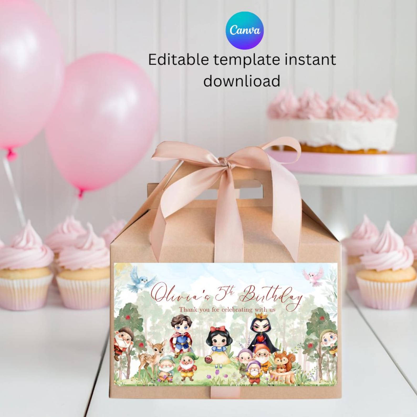Snow White Gable Box Label Template: Party Favor Decor (canva Editable ...