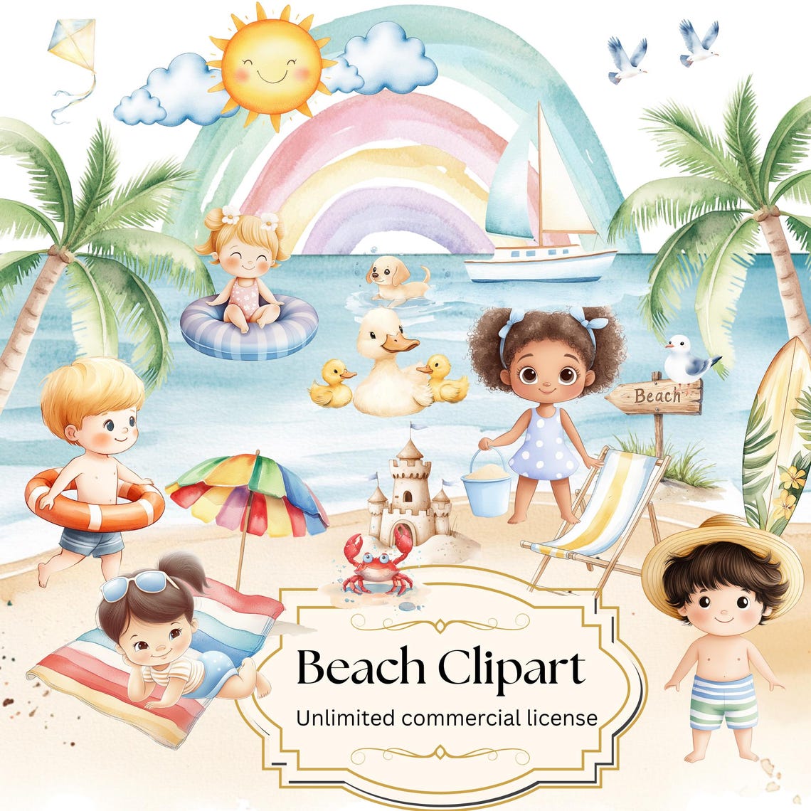Cute Summer Beach Vacation Clip Art, Children Beach Clipart, Watercolor ...