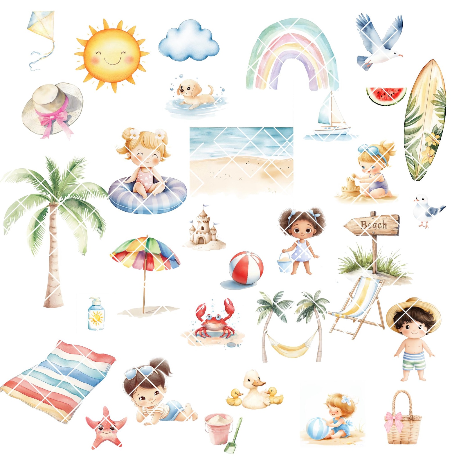 Cute Summer Beach Vacation Clip Art, Children Beach Clipart, Watercolor ...