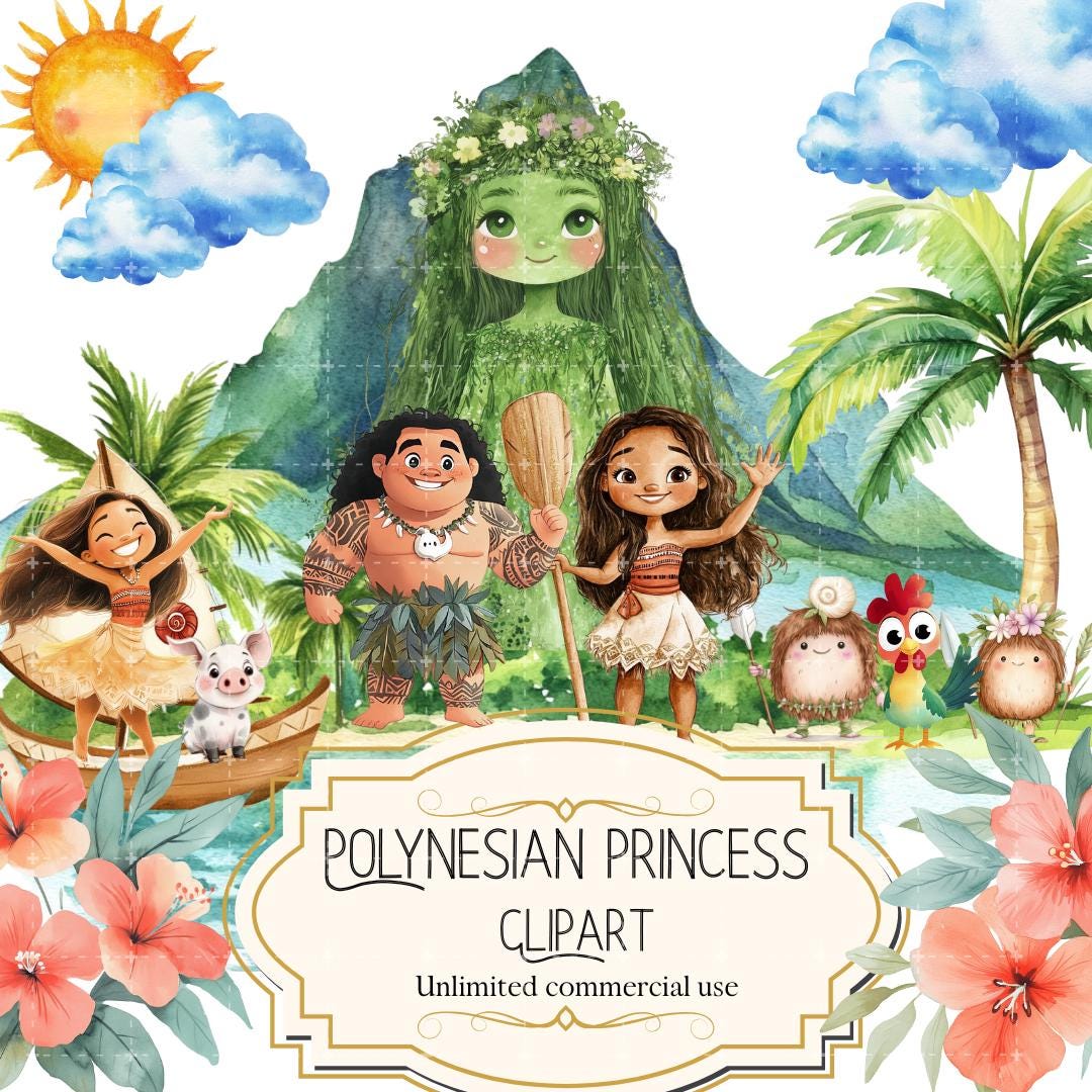 Watercolor Polynesian Princess Clipart: Hawaiian Luau PNG (commercial ...