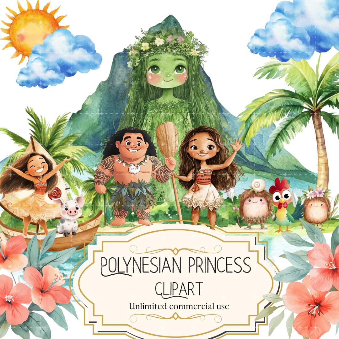 Watercolor Polynesian Princess Clipart: Hawaiian Luau PNG (commercial ...