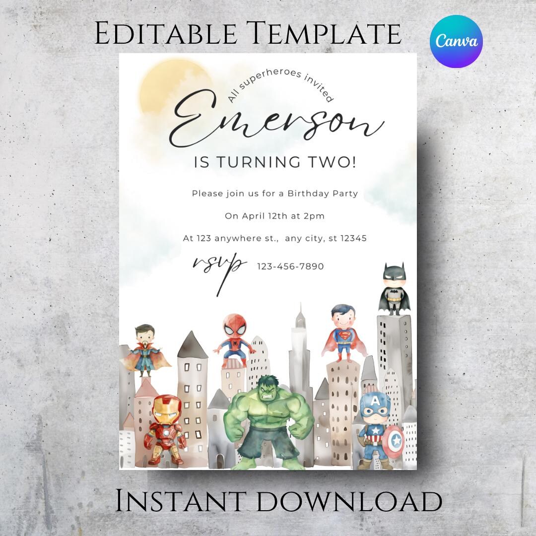 Editable Superheroes Birthday Invitation, Superhero Birthday Invite ...