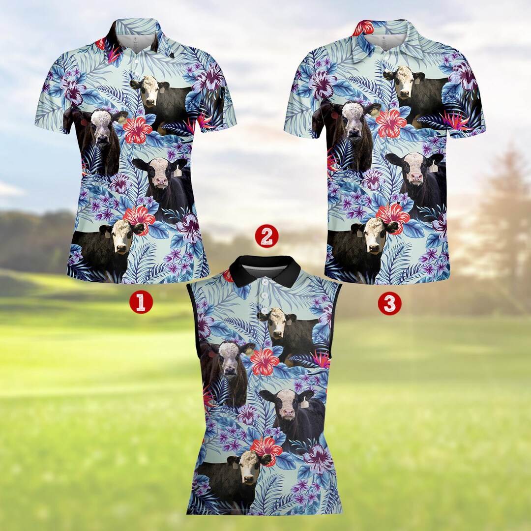 Hereford Cow Floral Polo Shirt, Tropical Flower Cow Print Golf Shirt ...