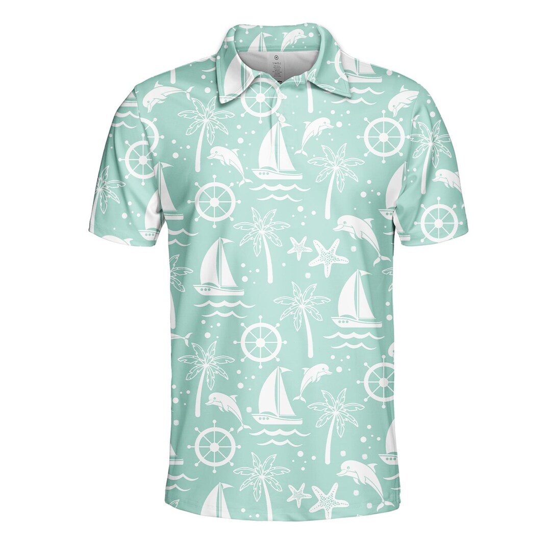 Tropical Nautical Polo Shirt for Men Women, Mint Green Beach Polo With ...