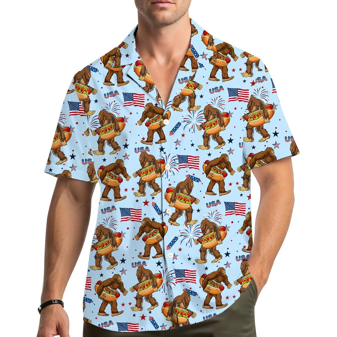 Bigfoot Hot Dog American Flag Hawaiian Shirt for Men Women Youth, Funny ...
