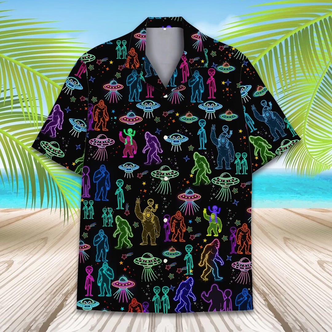 Neon Bigfoot and Alien Hawaiian Shirt Men Women, Space Bigfoot ...