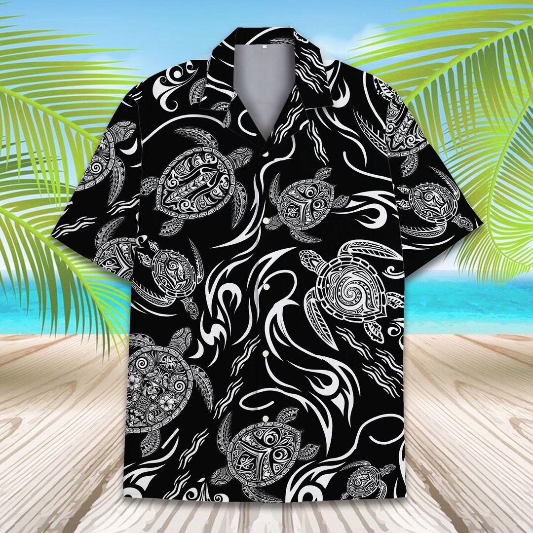 Tribal Sea Turtle Hawaiian Shirt for Men Women Youth, Black White ...