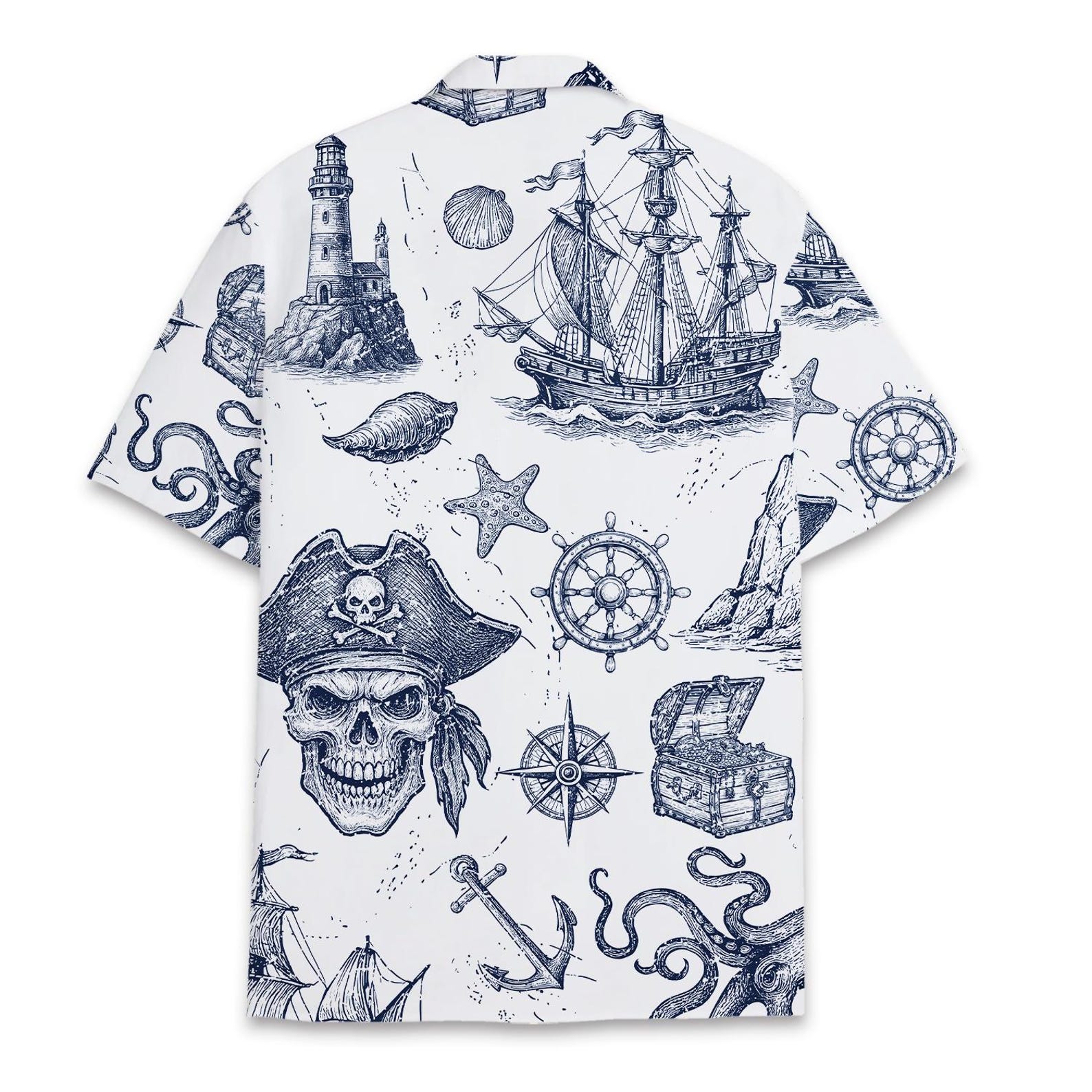 Vintage Pirate Skull Hawaiian Shirt Men Women Youth, Pirate Ship Aloha ...