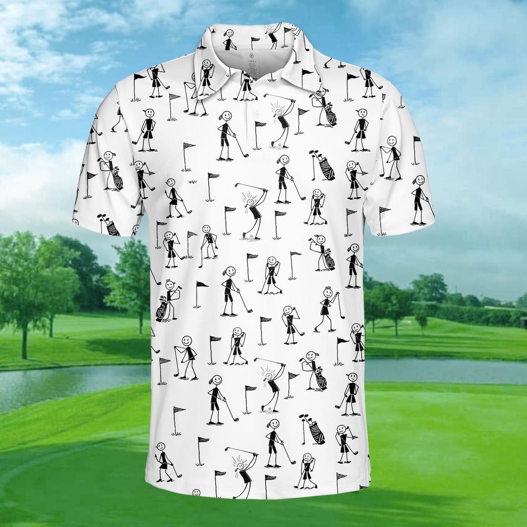 Funny Stick Figure Golf Polo Shirt for Men Women, Cartoon Golfer ...