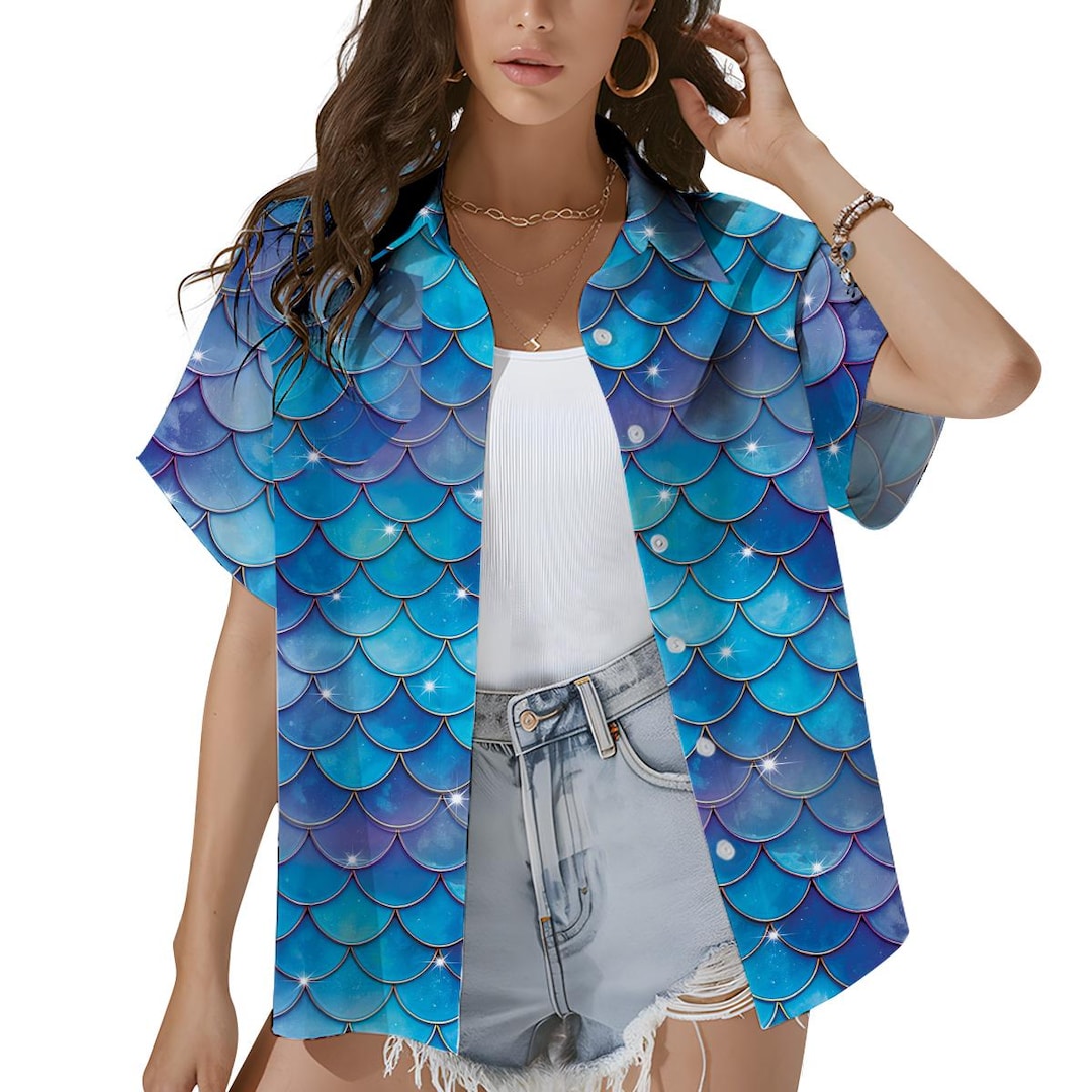 Mermaid Scale Hawaiian Shirt for Women, Shiny Blue Ocean Fish Scale ...