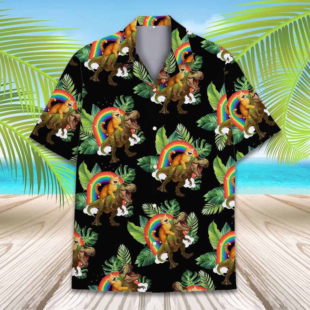 Funny Cat Riding Dinosaur Hawaiian Shirt Men Women Youth, Pride Rainbow ...