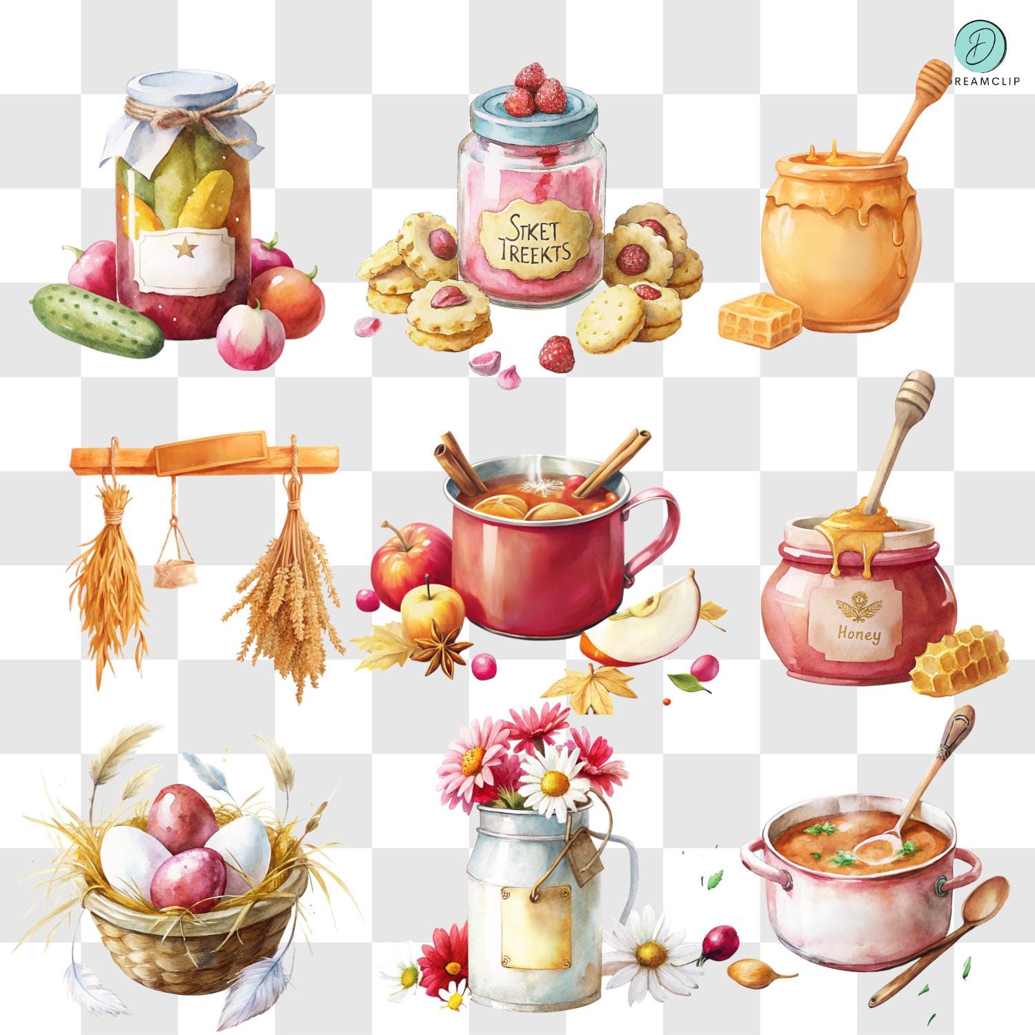 Vintage Food Clipart Bundle - Hand Drawn Rustic Elements, Cottagecore ...