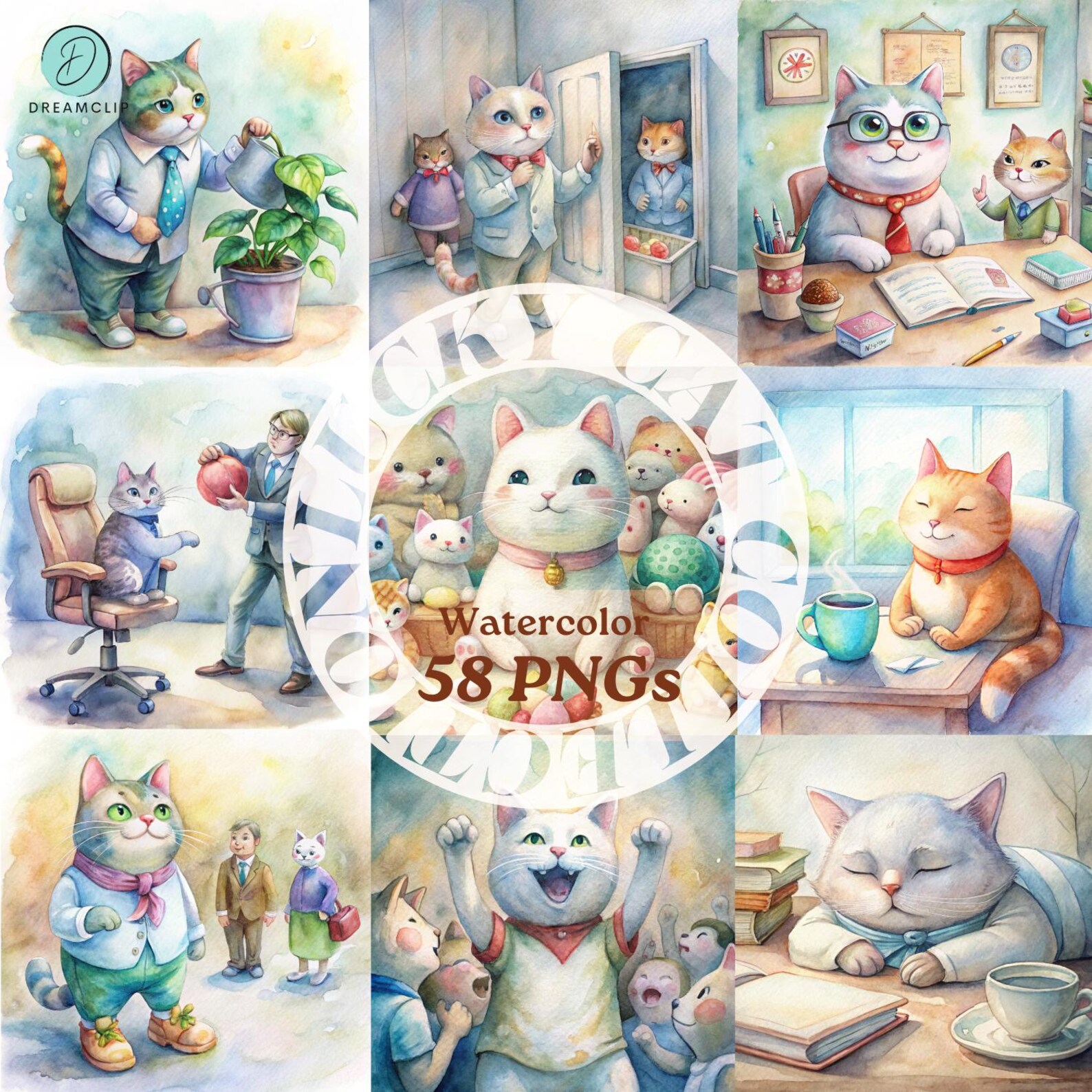58P Cute Lucky Cat Clipart Bundle,cat Watercolor Card Making, Printing ...