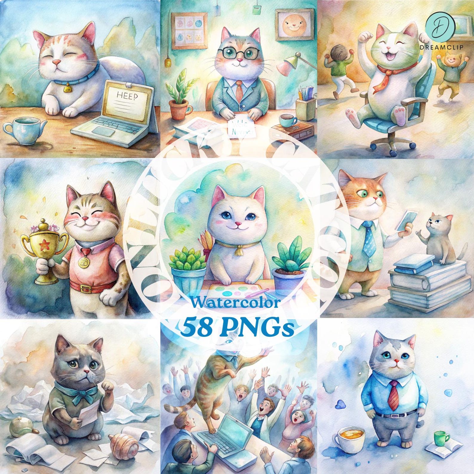 58P Cute Lucky Cat Clipart Bundle,cat Watercolor Card Making, Printing ...